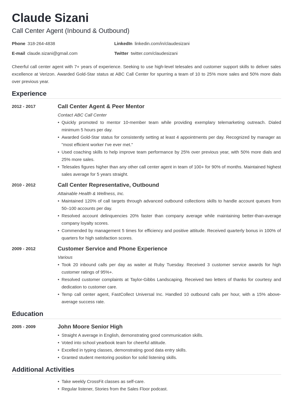 Call Center Resume Example Skills Job Description For 2024