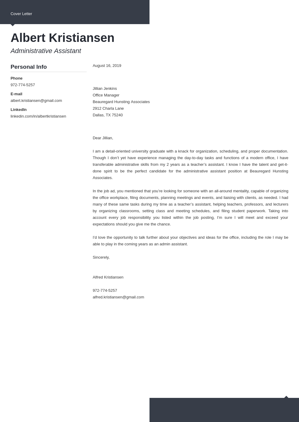 Administrative Assistant Cover Letter Sample Templates