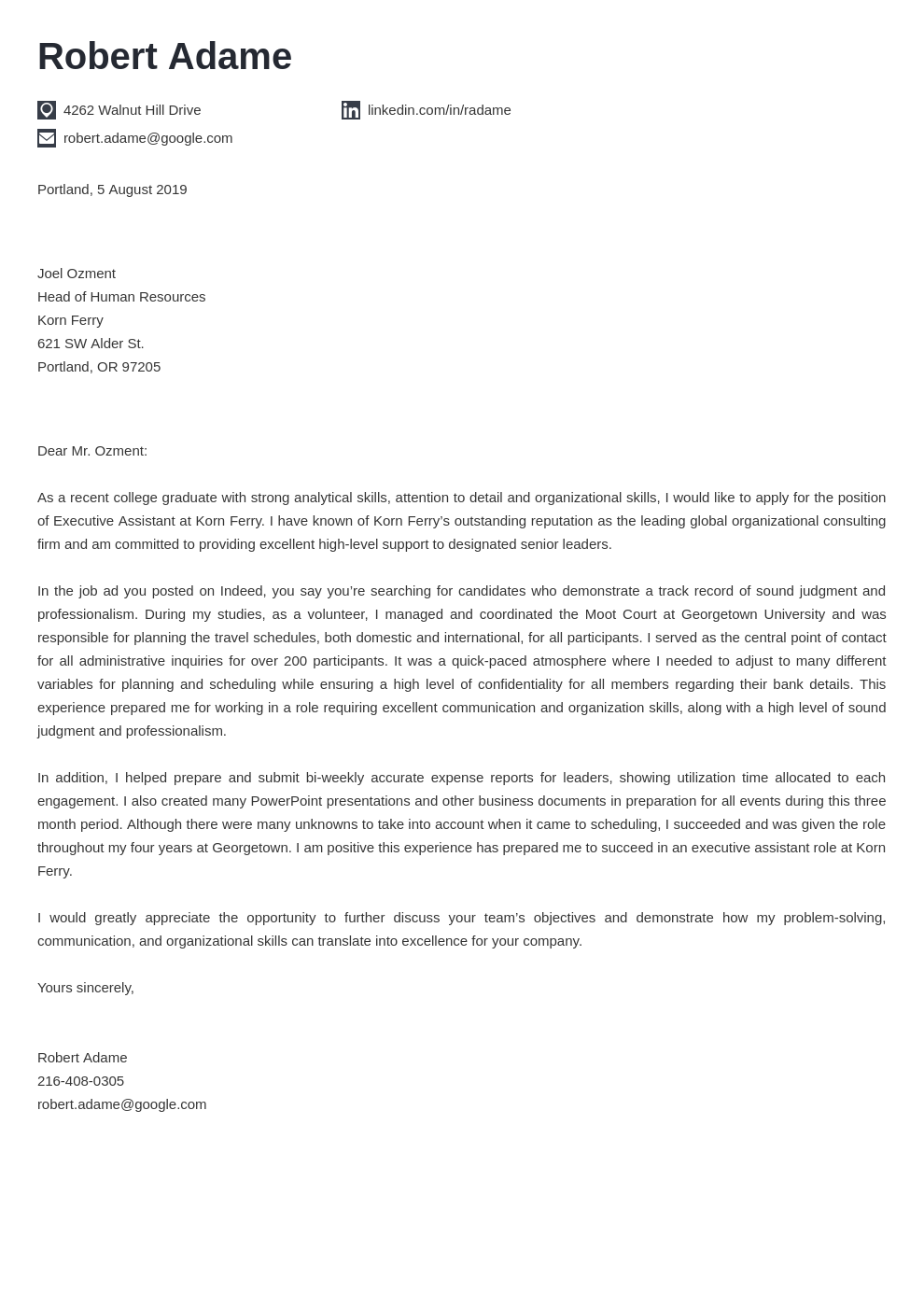 Cover Letter Executive Assistant Position