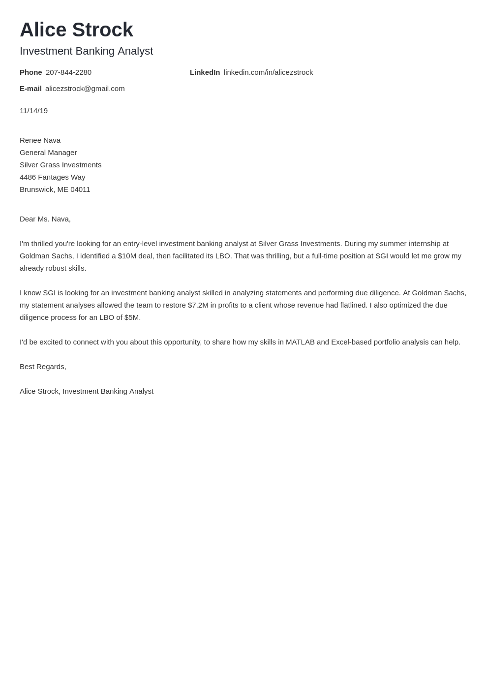 Investment Banking Cover Letter Sample Templates