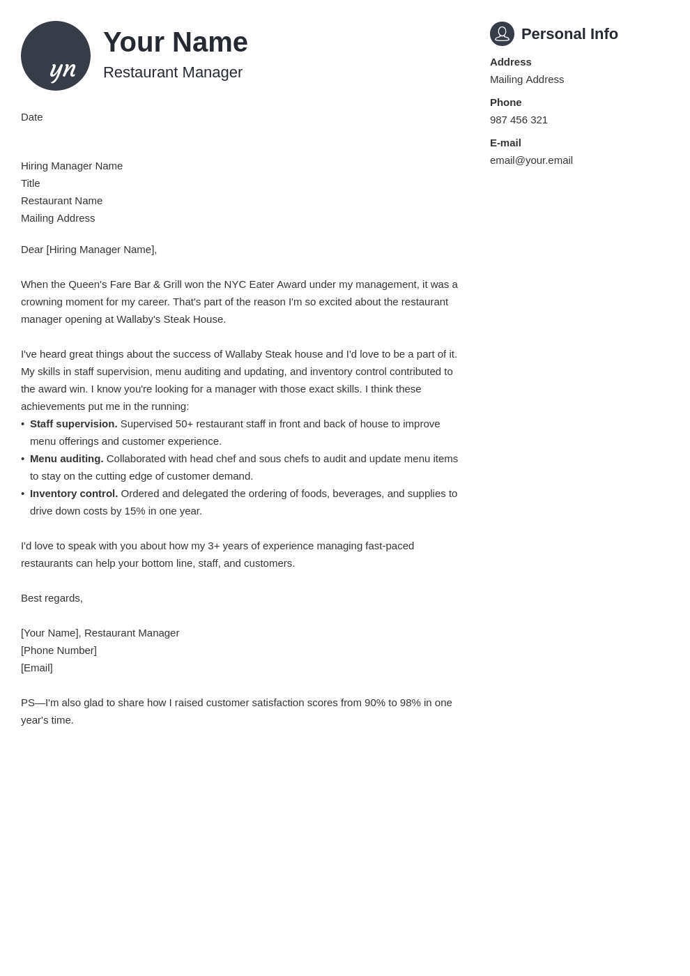 Restaurant Manager Cover Letter Examples Full Guide