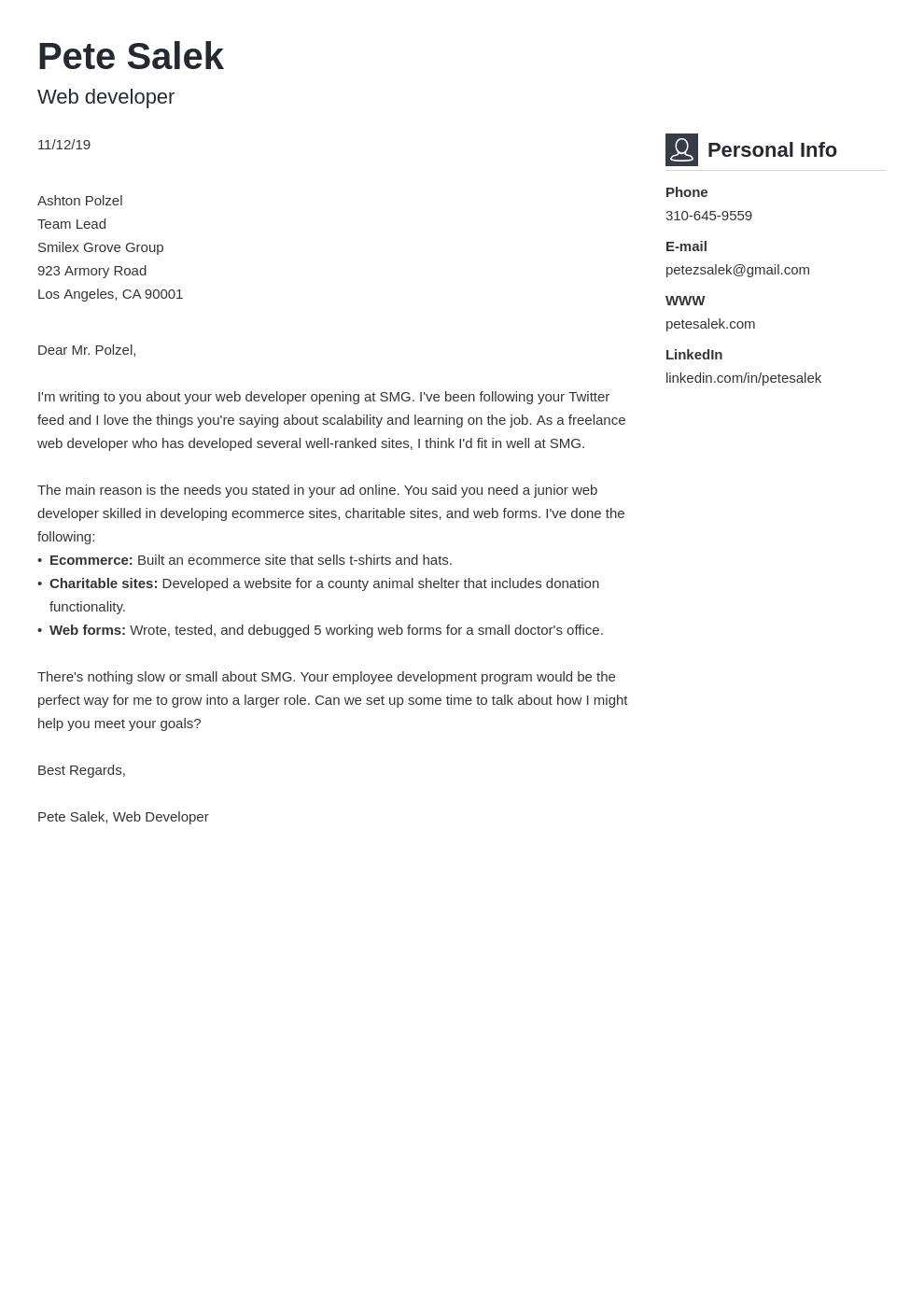 Web Developer Cover Letter