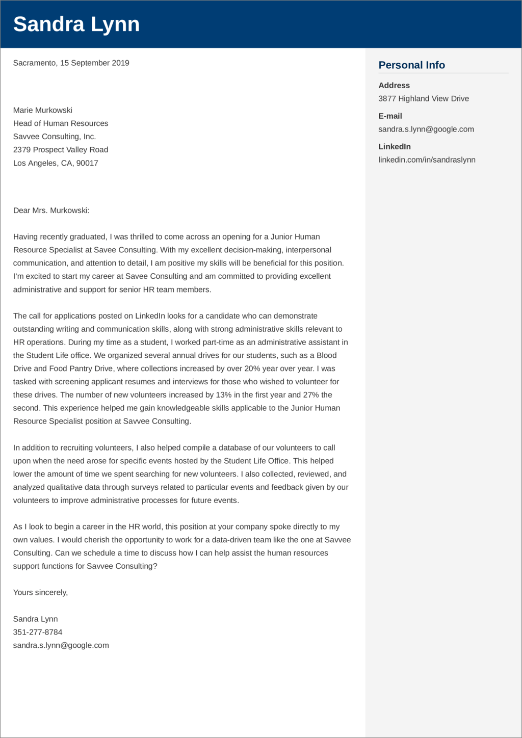Human Resources Cover Letter Sample Templates