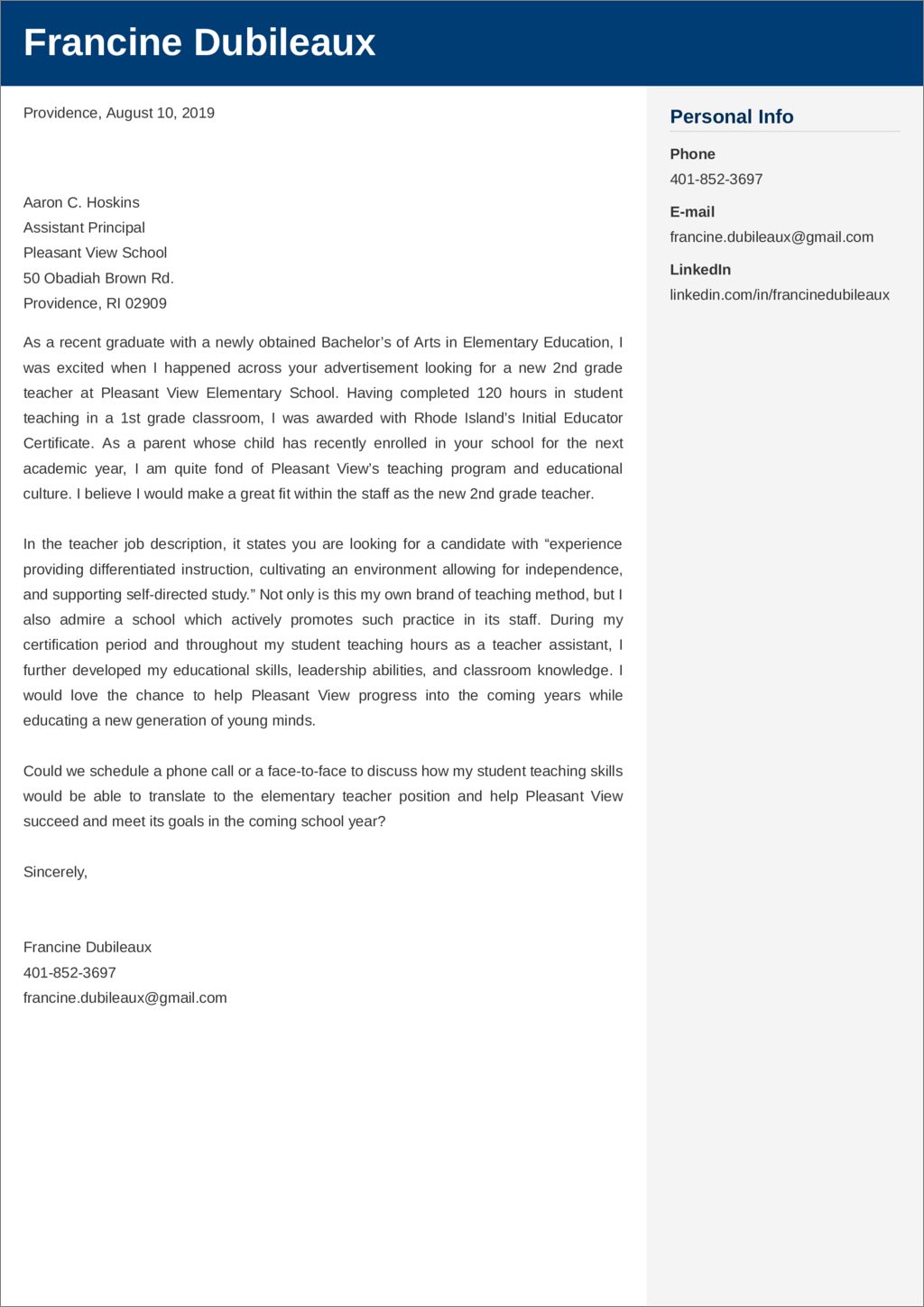 Teacher Cover Letter Examples For Experienced New Teachers