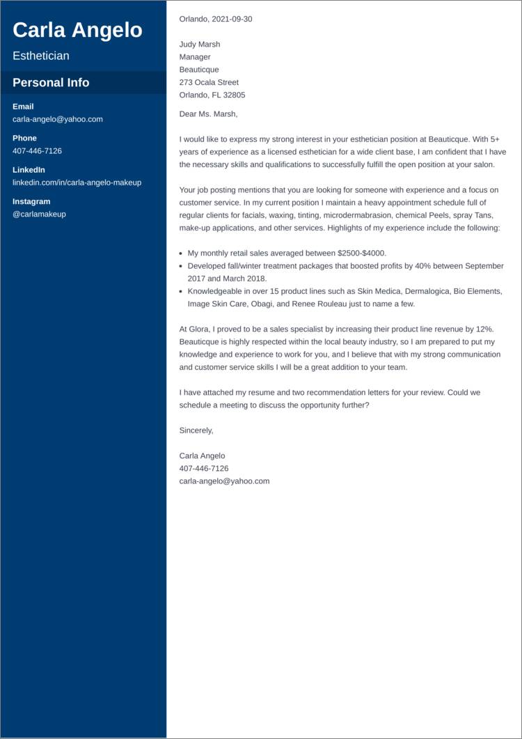 Esthetician Cover Letter Example 20 Writing Tips