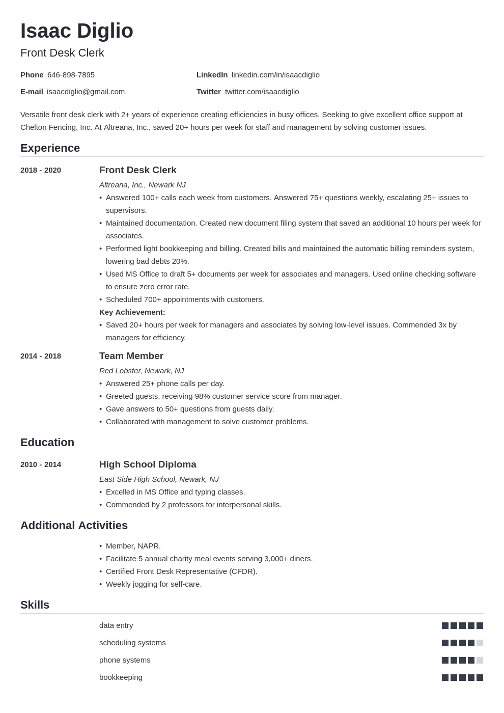 Front Desk CV Sample And 25 Tips Objective Skills 