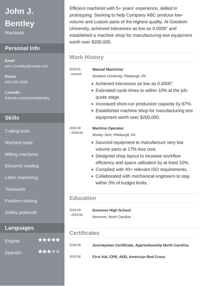 Resume For Machinist