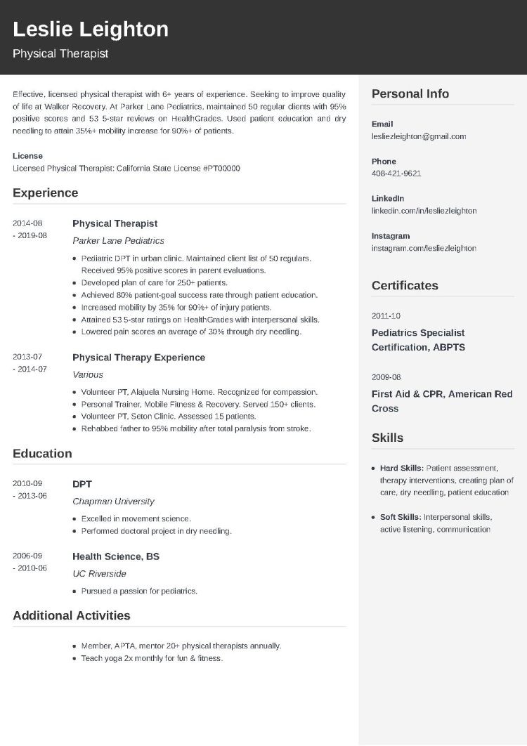 Physical Therapy Resume Example + Skills & Writing Tips