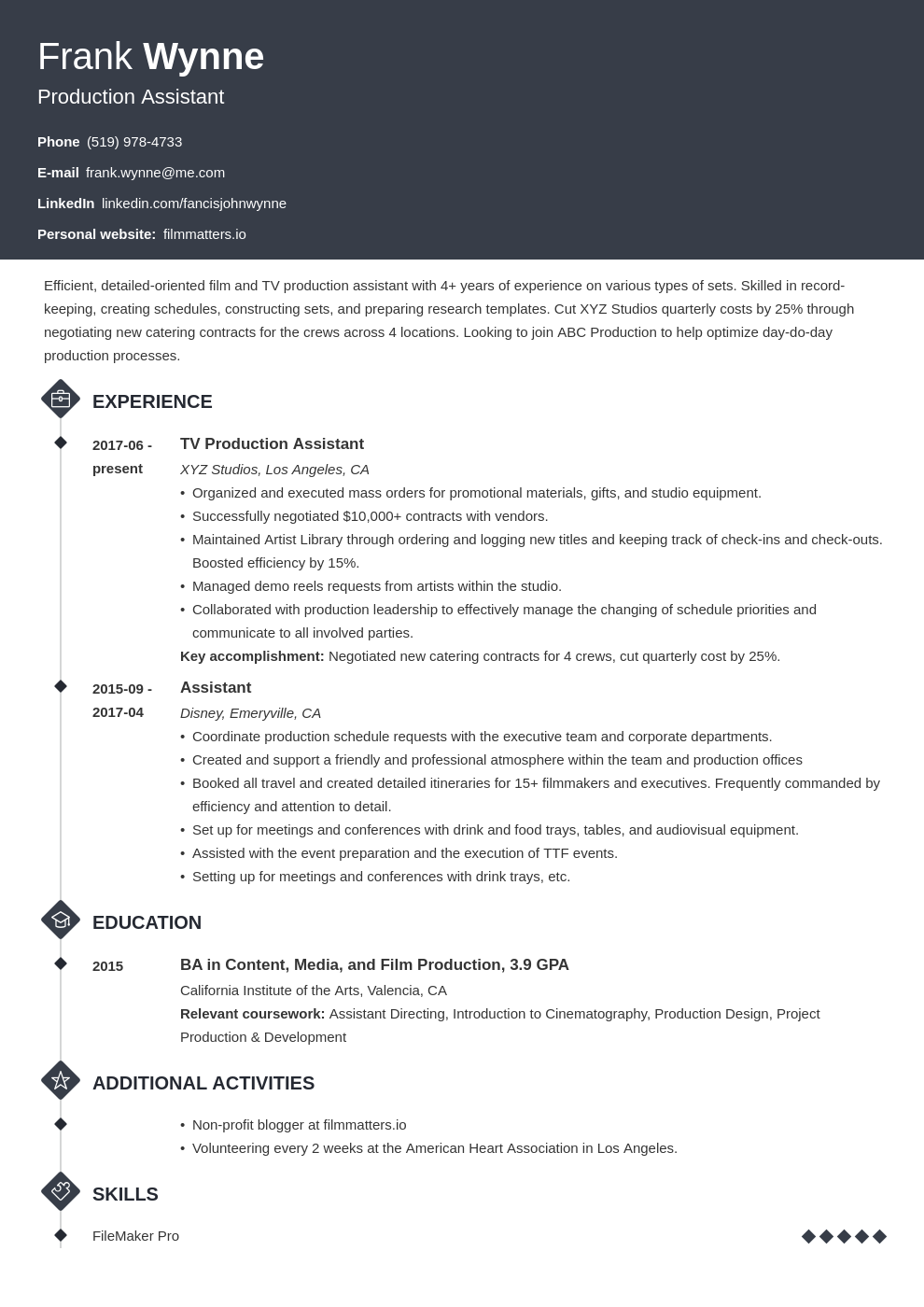 Production Assistant Resume Example Tips For 2025 Production Assistant Resume Example Tips For 2025