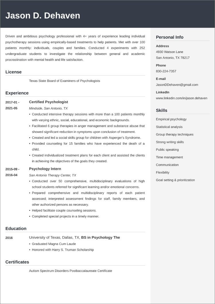 Psychologist Resume Example Skills For A Psychology Resume