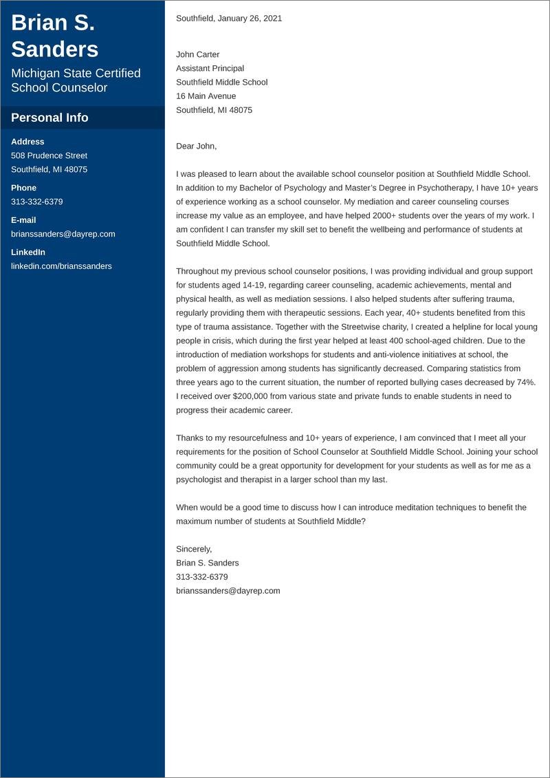 School Counselor Cover Letter Examples Templates To Fill