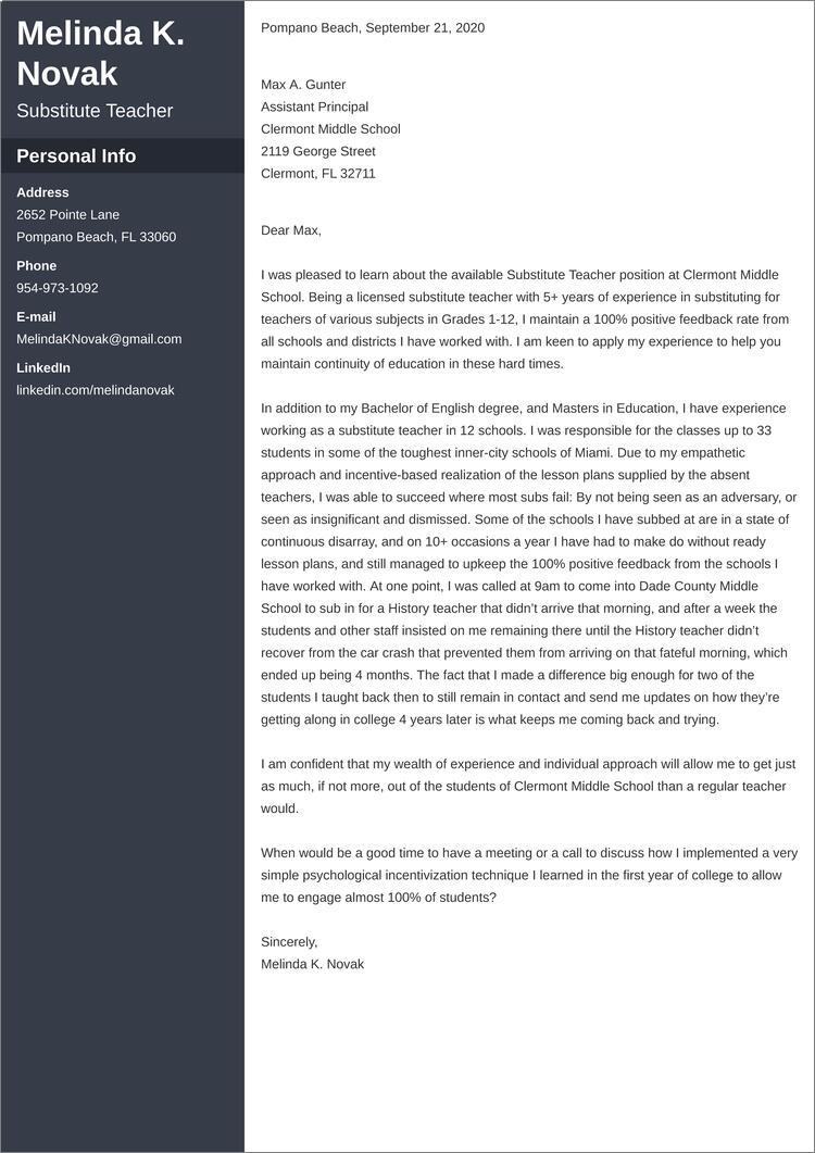 Substitute Teacher Cover Letter Example 25 Writing Tips