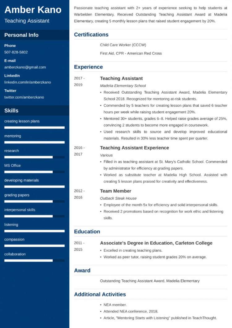 Teaching Assistant TA CV Template Examples Tips